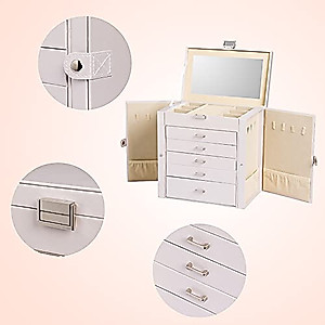 Frebeauty Large Jewelry Box,6-Tier PU Leather Jewelry Organizer with Lock,Multi-functional Storage Case with Mirror,Accessories Holder with 5 Drawers for Earrings Necklace Bracelets (Pearl White)