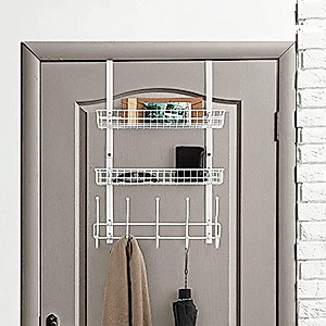 BTY Over The Door Hooks Organizer Hanger Metal Door Towel Hook Rack with 5 Hooks and 2 Baskets Door Coat Rack Storage Organizer for Bedroom Bathroom Kitchen (White)