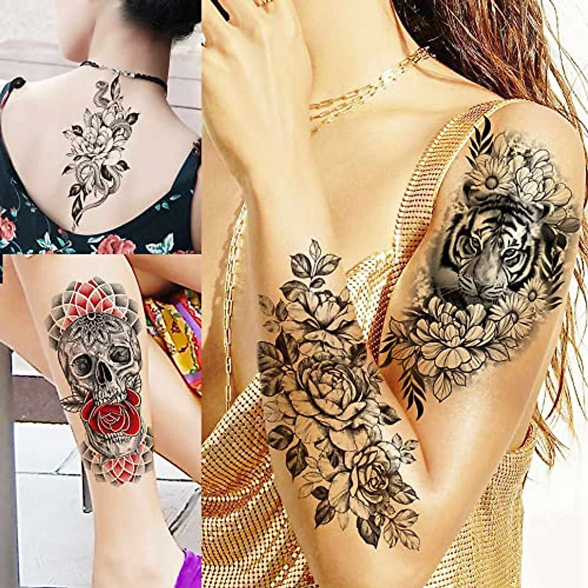 Yezunir 66 Sheets 3D Owl Tiger Flower Temporary Tattoos For Women Girls Arm Sleeve Thigh, Large Skull Lotus Snake Peony Rose Floral Temp Tattoo Sticker Adult, Fake Tattoos That Look Real and Last Long