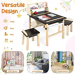 HONEY JOY Kids Art Table and Chair Set, Wooden Drawing Desk and 2 Stools w/Paper Roll, Open Shelf, Toddler Activity & Crafts Table w/Storage Bins, Children Furniture Set for Boys Girls Ages 3+