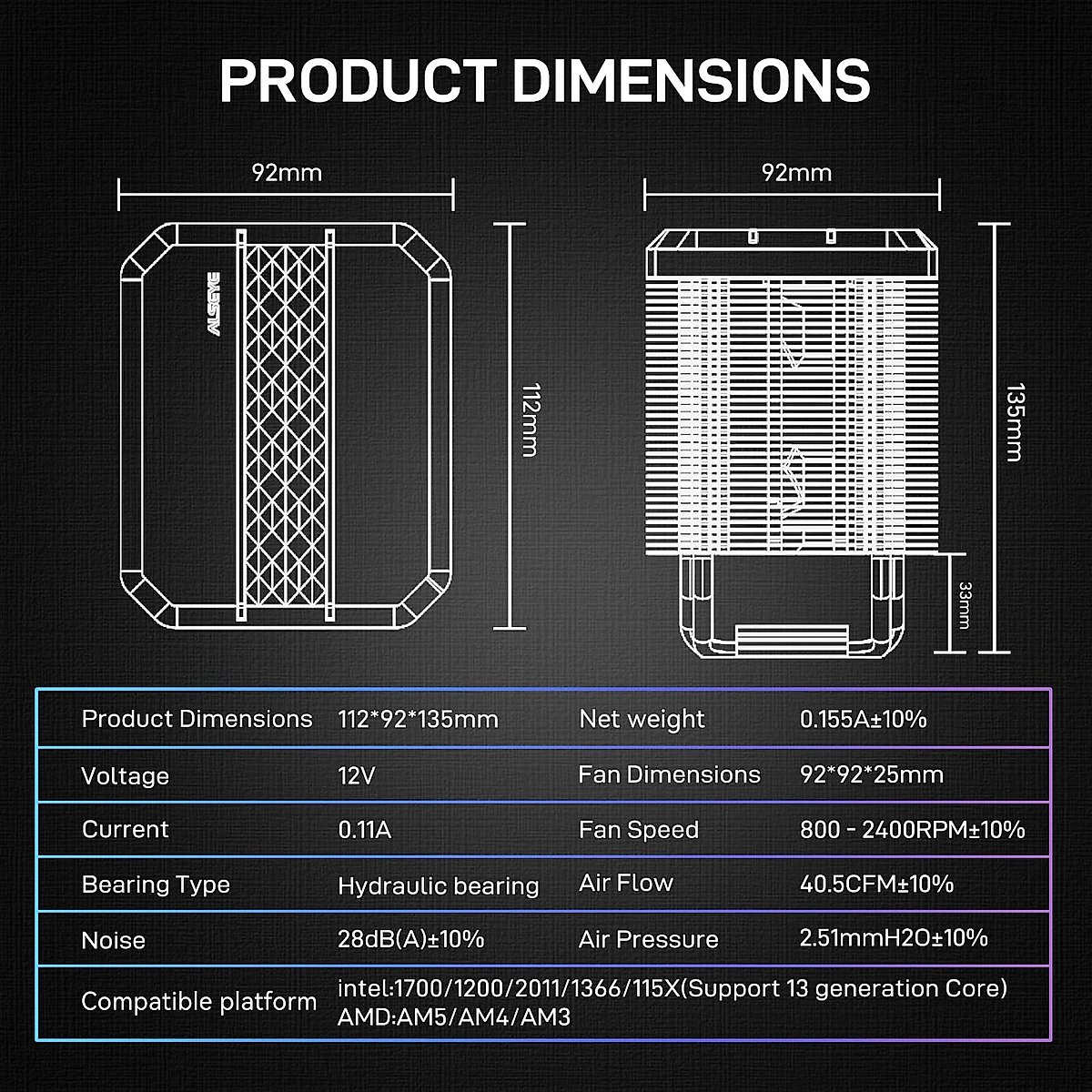 ALSEYE M90 CPU Cooler, Hidden Fan Designed Dual Tower Air-Cooled CPU Cooler with ARGB Light Effect Cover Compatible with Both Intel and AMD Platform, LGA1700 Supported (M90 White)