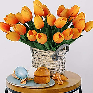 30pcs Artificial Tulips Flowers Fake Latex Tulip Stems - Real Touch Faux Orange Tulips Flower for Easter Spring Thanksgiving day Christmas Bouquet Centerpiece Floral Arrangement Cemetery Table Decor