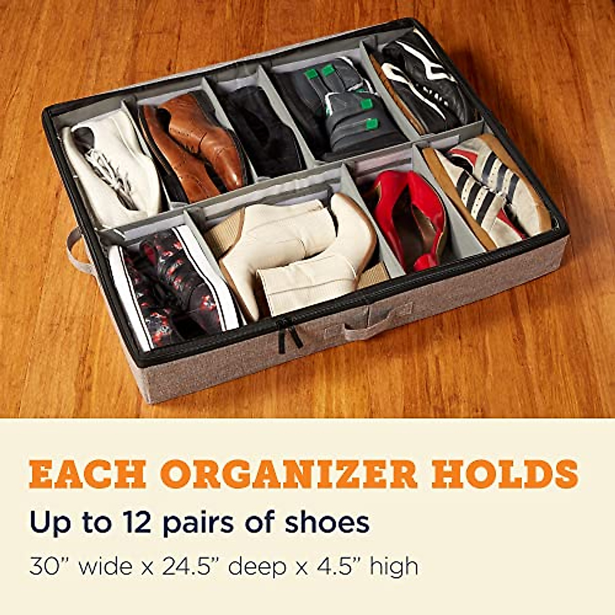 Low Profile Under Bed Shoe Storage Organizer, 4.5'' Tall and Fits Beds 5'' Off the Floor, Adjustable Dividers, Underbed Shoe Storage Solution - Set of 2 (Dark Grey)