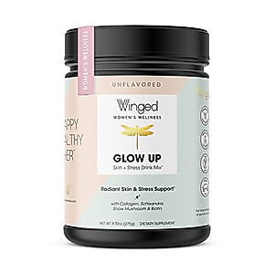 Winged Glow Up Collagen Powder | Better Hair, Skin, Nails for Women | Grass Fed Collagen Peptides w/Adaptogen Schisandra, Snow Mushroom, Vitamin C & Biotin | Unflavored (25 Servings), NON GMO