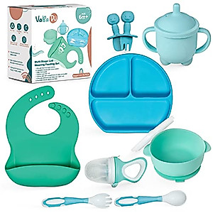 VaBa Du Baby Feeding Set - 10-Pack - Easy Baby Led Weaning - Adjustable Bib, Food Feeder, Utensils, Dish & Suction Bowl with Lid, and Sippy Cup