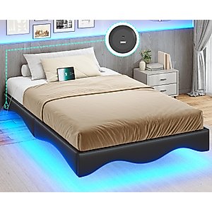 AOGLLATI Floating Bed Frame Twin Size with Charging Station & LED Lights, Platform Twin Bed Frame with Leather Wave Molding and Stable Structure,No Box Spring Needed, Black