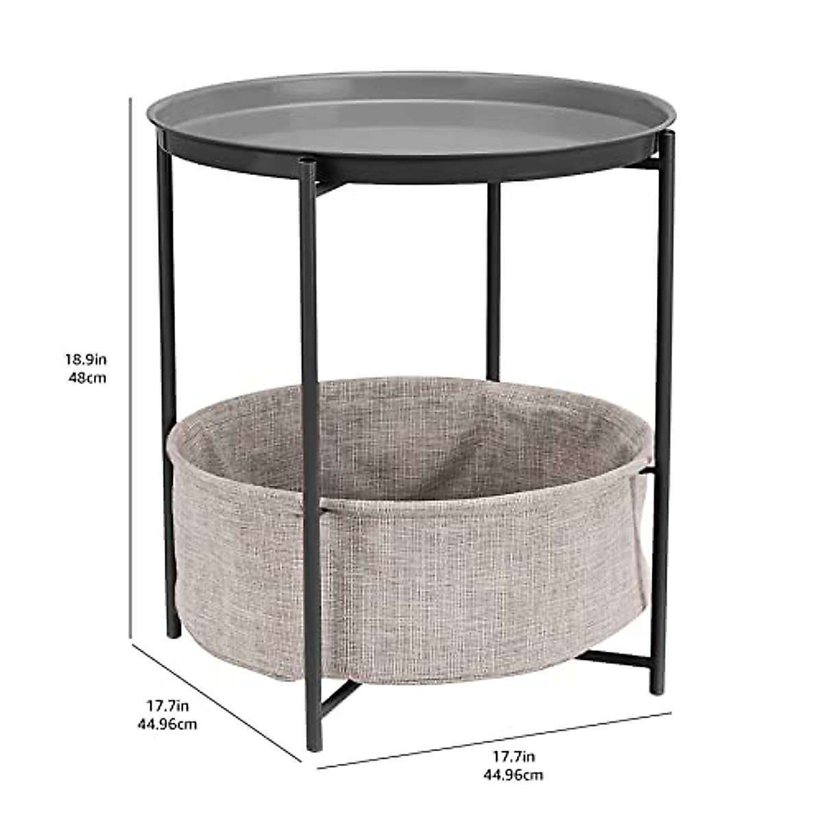 Amazon Basics Round Storage End Table, Side Table with Cloth Basket, Charcoal/Heather Gray, 17.7 x 17.7 x 18.9 in