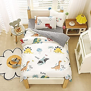 J-pinno Dinosaur Plaid Boys Girls Cartoon Duvet Cover + Pillowcase Set, Zipper Closure, 100% Cotton, for Kids Crib Toddler Bedding Decoration Gift (Dinosaur 2, Crib 47" X 59")