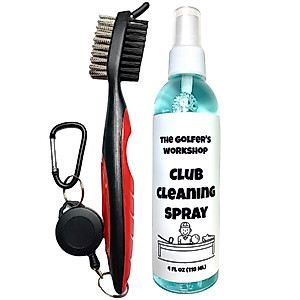 The Golfer's Workshop 4oz Club Cleaning Spray and Golf Club Brush with Groove Cleaner, 2ft Retractable Zip-line, Carabiner Clip (Red)