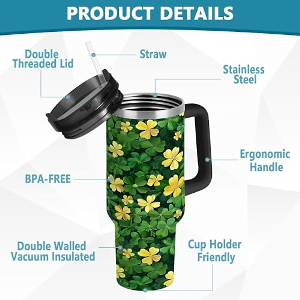 FRCSDIY Lucky Clover Insulated Tumbler with Handle and Straw Lid,30oz Leakproof Stainless Steel Cup BPA-Free Water Bottle