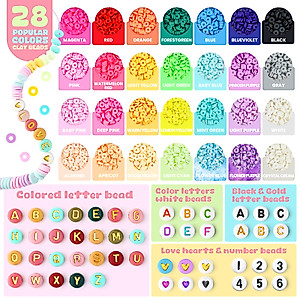 Dowsabel Friendship Bracelet Kit, 28 Colors Clay Beads Letter Beads Bracelet Making Kit, 4 Styles of Round Alphabet Beads with Number, Heart Beads for Jewelry Making, Ideal Gifts for Girls 6-13