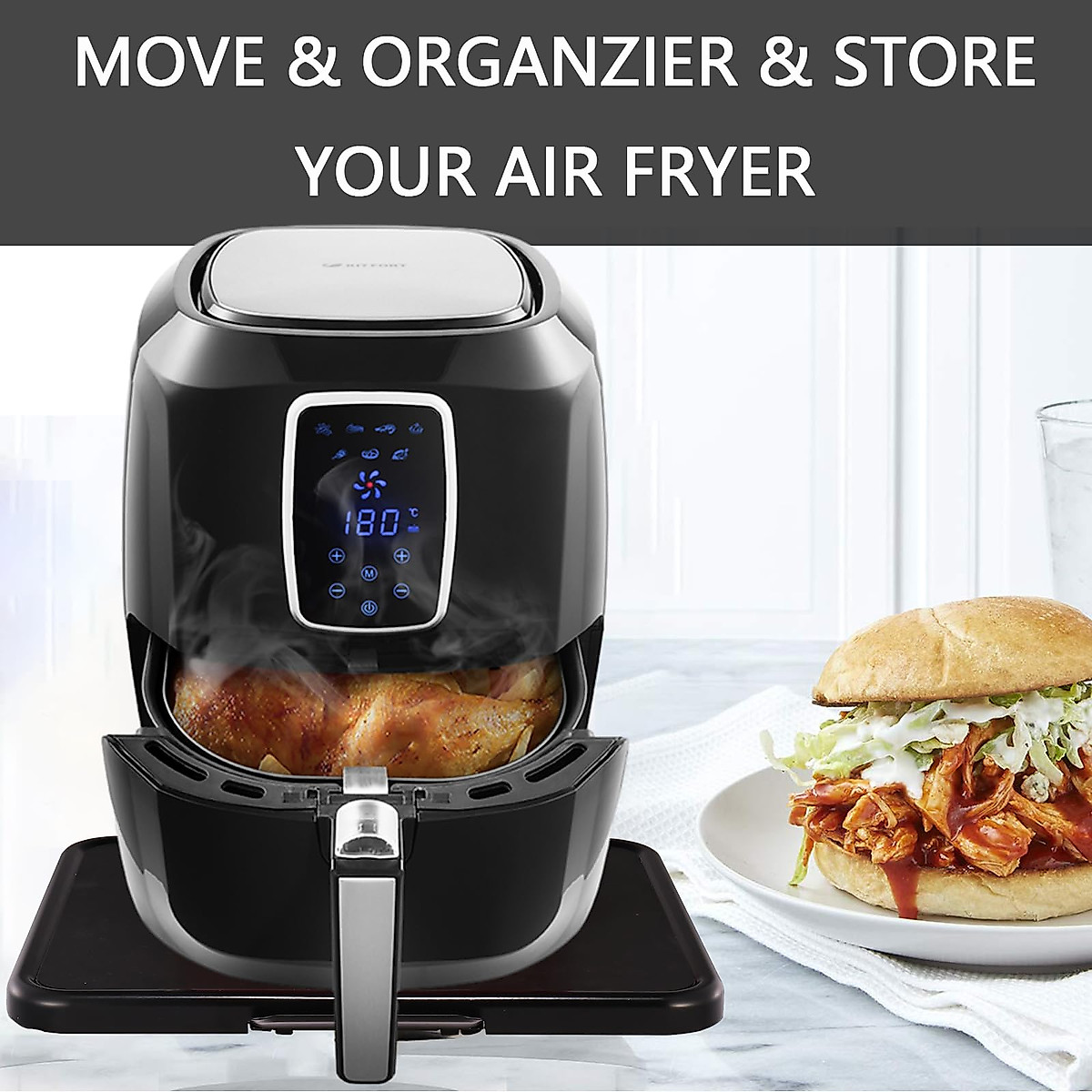 Kitchen Caddy Sliding Tray, Appliance Coffee Maker Slider Large Rolling Tray Under Cabinet Countertop Storage Moving Sliders for Stand Mixer Air Fryer Toaster Blender with Wheels (13.8'' W × 11.7''D)