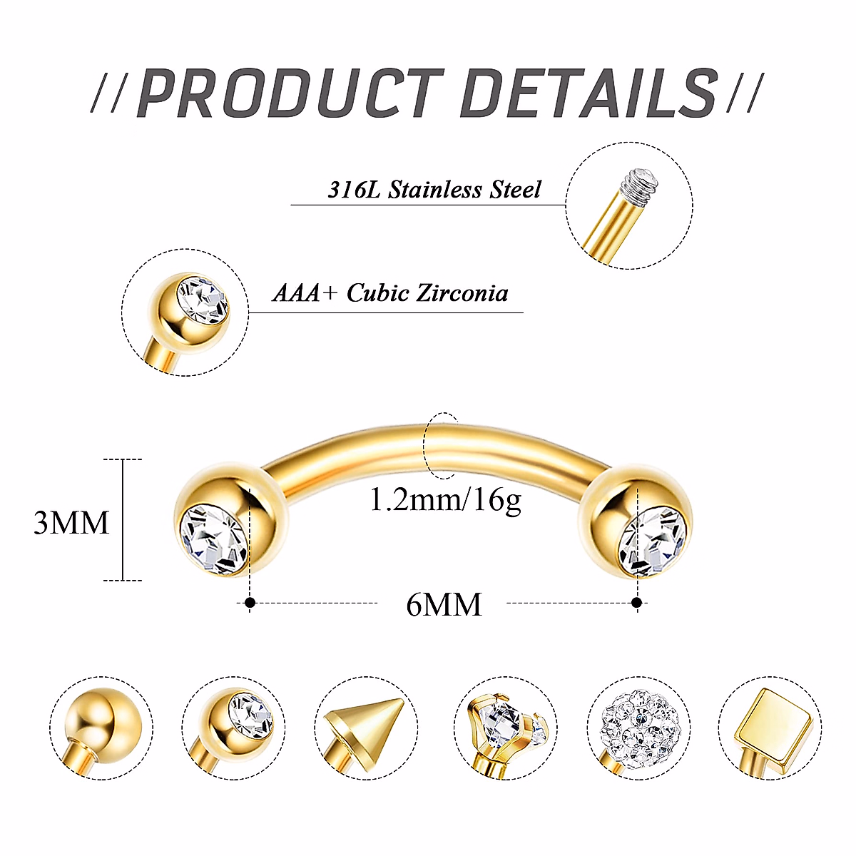 JOERICA 12Pcs 16G Rook Daith Earrings for Women Stainless Steel Eyebrow Piercing Jewelry Curved Barbell Short Belly Lip Rings 6mm 8mm