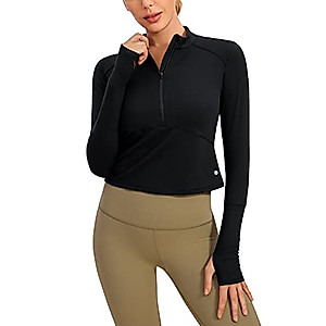 CRZ YOGA Women's Long Sleeve Crop Top Quick Dry Cropped Workout Shirts Half Zip Pullover Running Athletic Shirt Black Small
