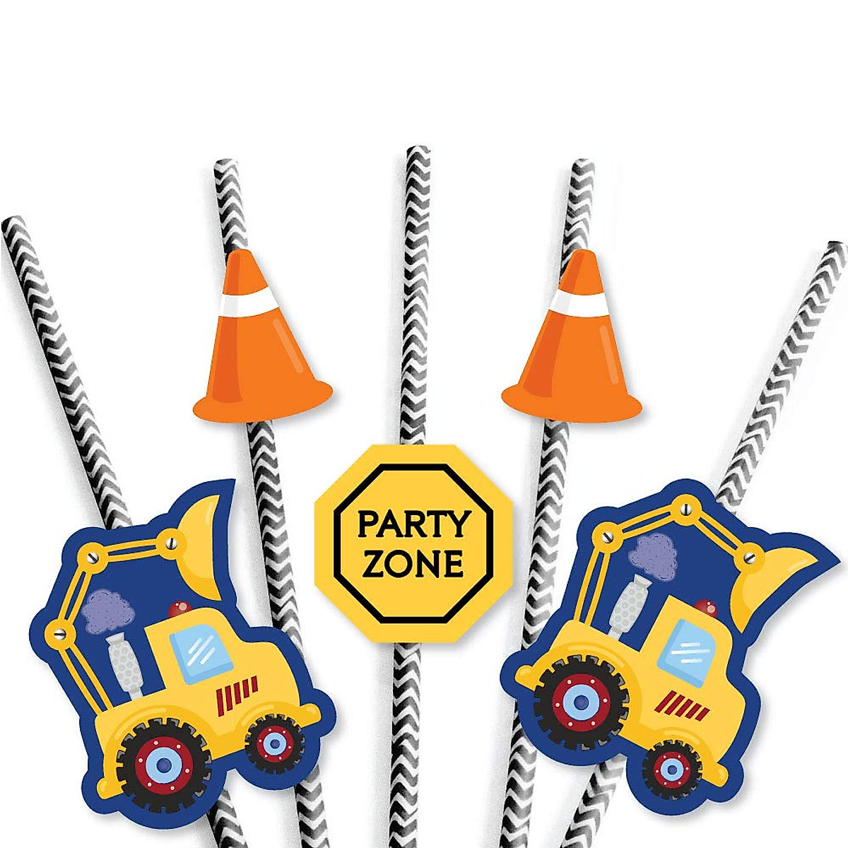 Construction Truck Paper Straw Decor - Baby Shower or Birthday Party Striped Decorative Straws - Set of 24