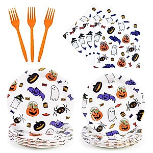 96PCS Happy Halloween Paper Plates and Napkins Set, Halloween Theme Party Decorations Set Include Paper Plates, Napkins, Forks Disposable Tableware Supplies for Kids Halloween Party, Serves 24