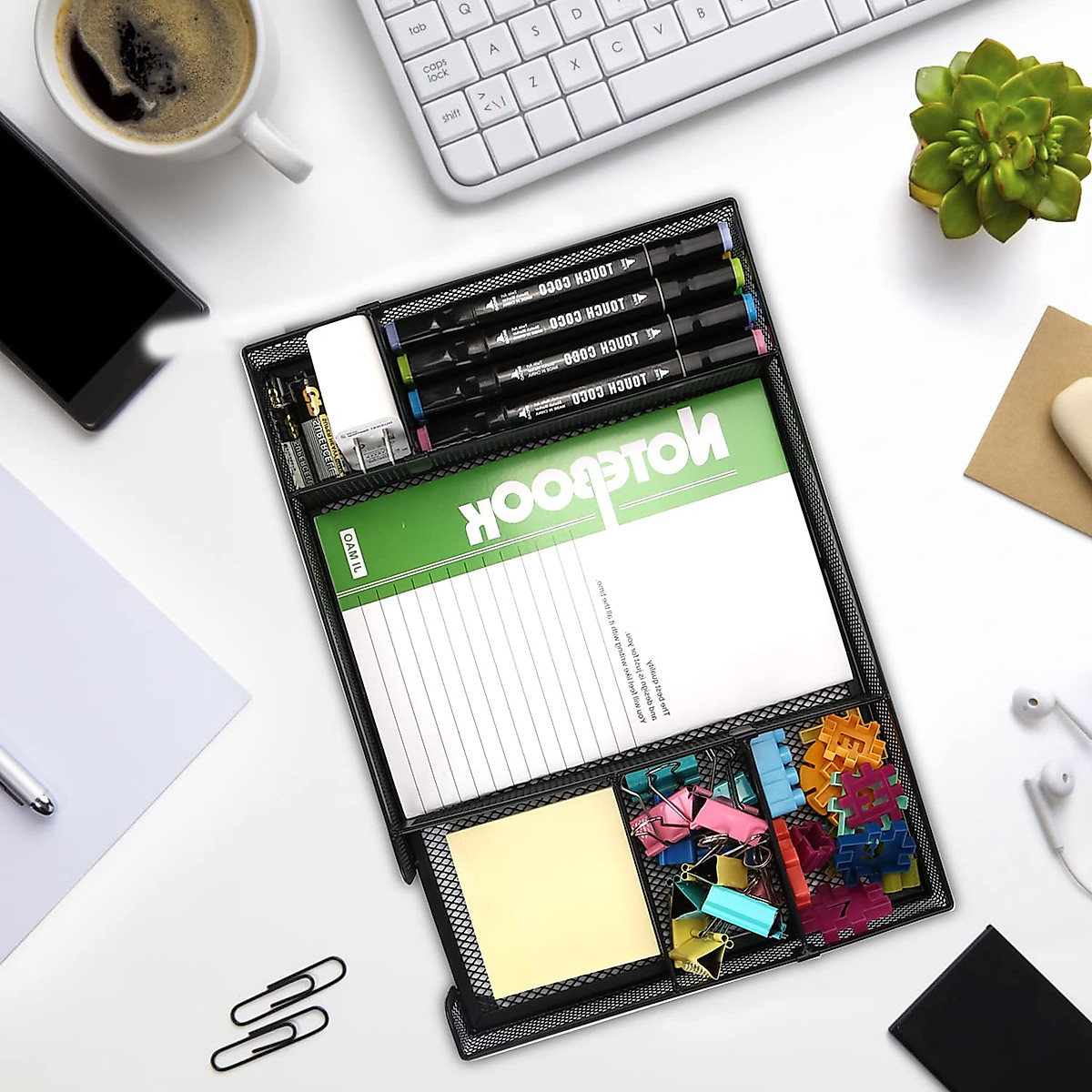 EsOfficce Desk Drawer Organizer Tray with Adjustable Compartments, 6 Grid Metal Mesh Drawer, Multi-use Desk Organizer Storage Box Set for Office,Home,School Supplies, 12.6X9X1.9 inch