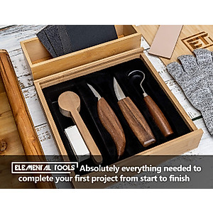 Elemental Tools 9pc Wood Carving Tools Set - Hook Carving Knife, Whittling Knife, Detail Wood Carving Knife For Spoon, Bowl, Kuksa Cup Or General Woodwork - Bonus Cut Resistant Gloves And Bamboo Box