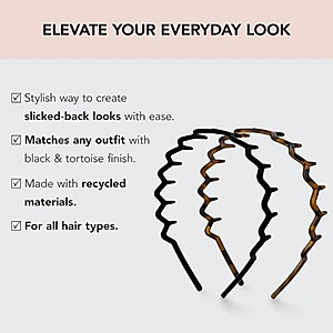 Kitsch Zig Zag Headbands - Recycled Plastic Hair Band for Men & Women - Classic 90s Headband & Hairband - Mens Headband - Wavy Headband with Teeth - Hair Headbands - 2pcs Black & Tort