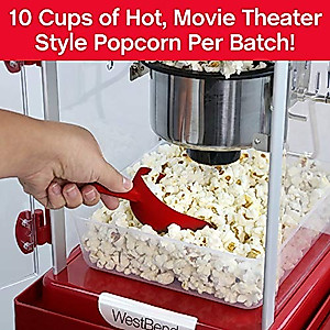 West Bend PCMC20RD13 Popcorn Cart Non-Stick Stainless Steel Kettle Makes 10 Cups Features Prep Shelf Storage and Wheels for Easy Mobility Includes Measuring Tool, 2.5-Ounce, Red