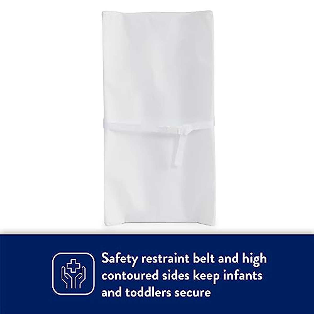 Kolcraft Waterproof Contoured Baby Diaper Changing Pad for Dresser or Changing Table, Easy Clean, Soybean Enhanced Foam, Safety Restraint Belt and Anchoring Straps, Made in USA - White, 17" x 33"