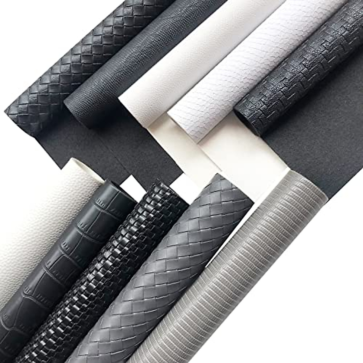 10Pcs/Set Black White Series Woven Texture Embossed Faux Leather Sheets, 7.78 x12.6" Braided Embossed Textured and Lattice Striped Fabrics, for Making Earrings, Handbag, Hair Bows and DIY Crafts
