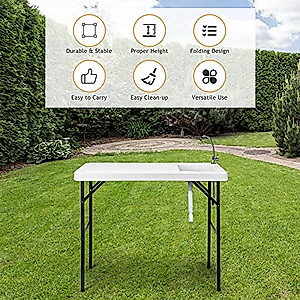 PETSITE Fish Cleaning Table, Portable Camping Sink with Faucet, Outdoor Picnic Foldable Washing Table, White