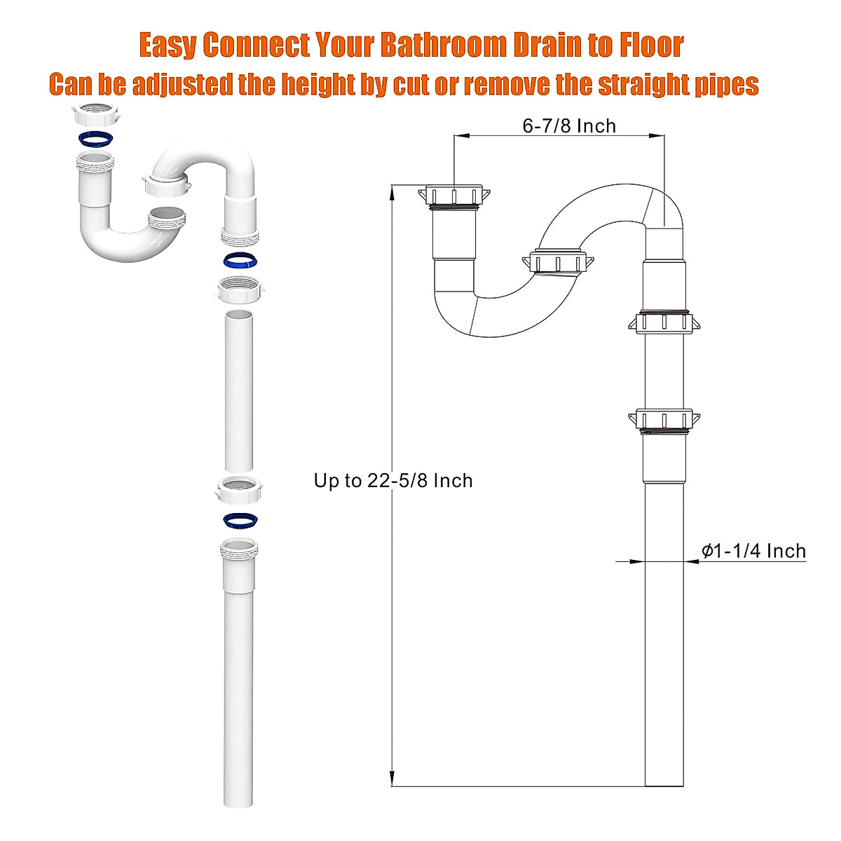 Bathroom Sink Drain Kit,1-1/4” Sink Drain Kit for Most Bathroom Sink Drain Repair Kit and Kitchen Sink Drain Kit,1-1/4” P Trap or S Trap Sink Plumbing Kit,Sink Pipe Replacement Kit
