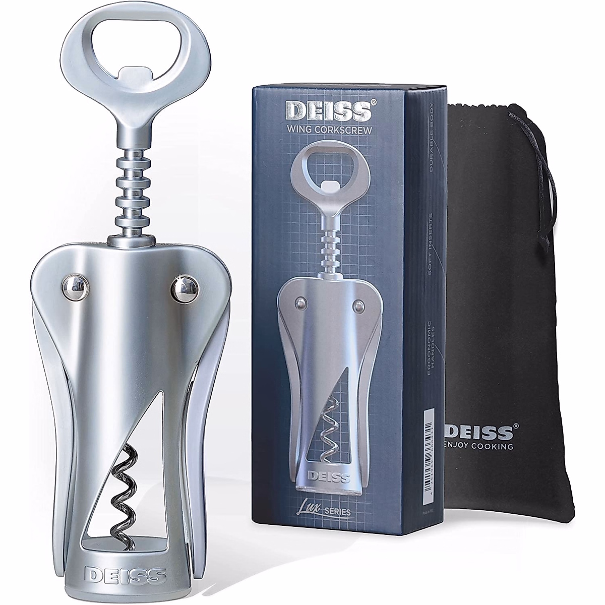 Deiss LUX Wine Opener, All-Metal Wing Corkscrew Wine Bottle Opener with Built-in Beer Bottle Opener - Ergonomic Cork Screw Wine Corker, Silver Matte Coating, Velvet Storage Pouch (SILVER)