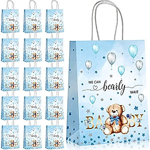 16 Pack Bear Baby Shower Bags Paper Bear Party Bags with Handles We Can Bearly Wait Gift Bags Bear Balloon Star Flower Goodie Bags for Kids Birthday Party and Baby Shower Favors Supplies