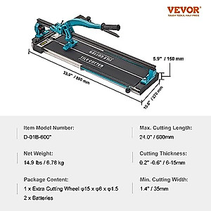 Mophorn 24 Inch Tile Cutter Single Rail Double Brackets Manual Tile Cutter 3/5 in Cap w/Precise Laser Manual Tile Cutter Tools for Precision Cutting (24 Inch)