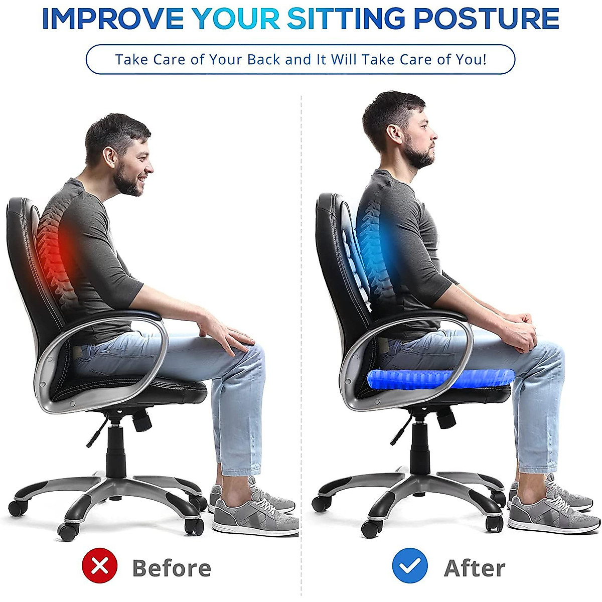 Gel Seat Cushion for Long Sitting Pressure Relief (Super Large & Thick) - Non-Slip Gel Chair Cushion for Back,Sciatica,Tailbone Pain Relief - Seat Cushion for Office Desk Chair,Car Seat,Wheelchair