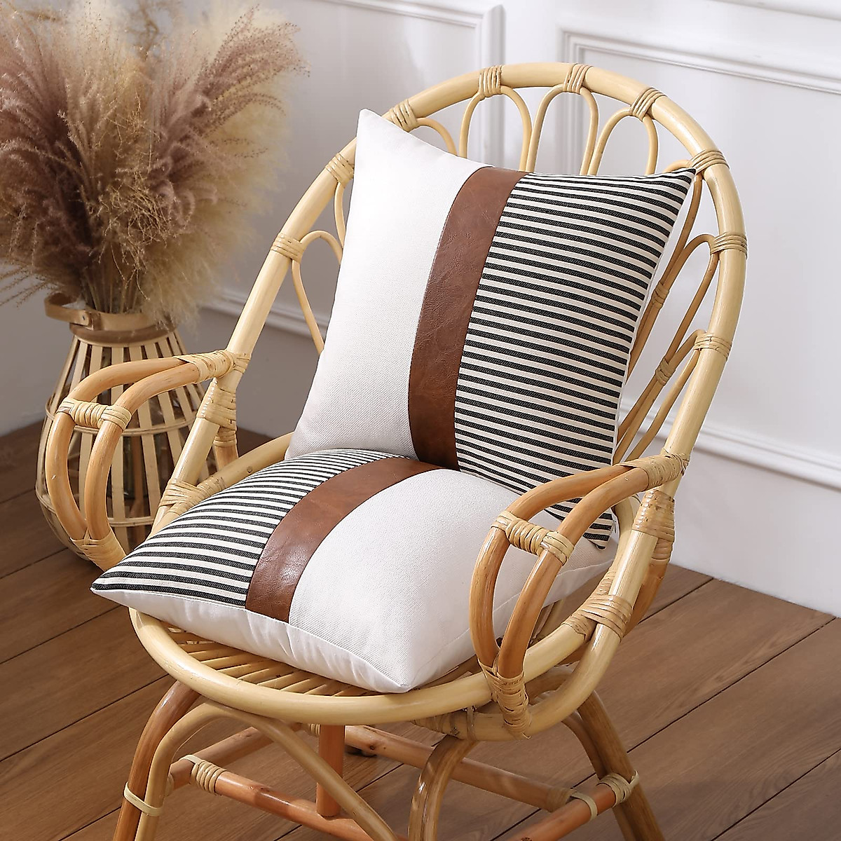 Mecatny Faux Leather Throw Pillows for Couch - Farmhouse Decorative Pillows with Inserts Included - Boho Striped Accent Pillows for Living Room - 18" x 18" - Black (Set of 2)