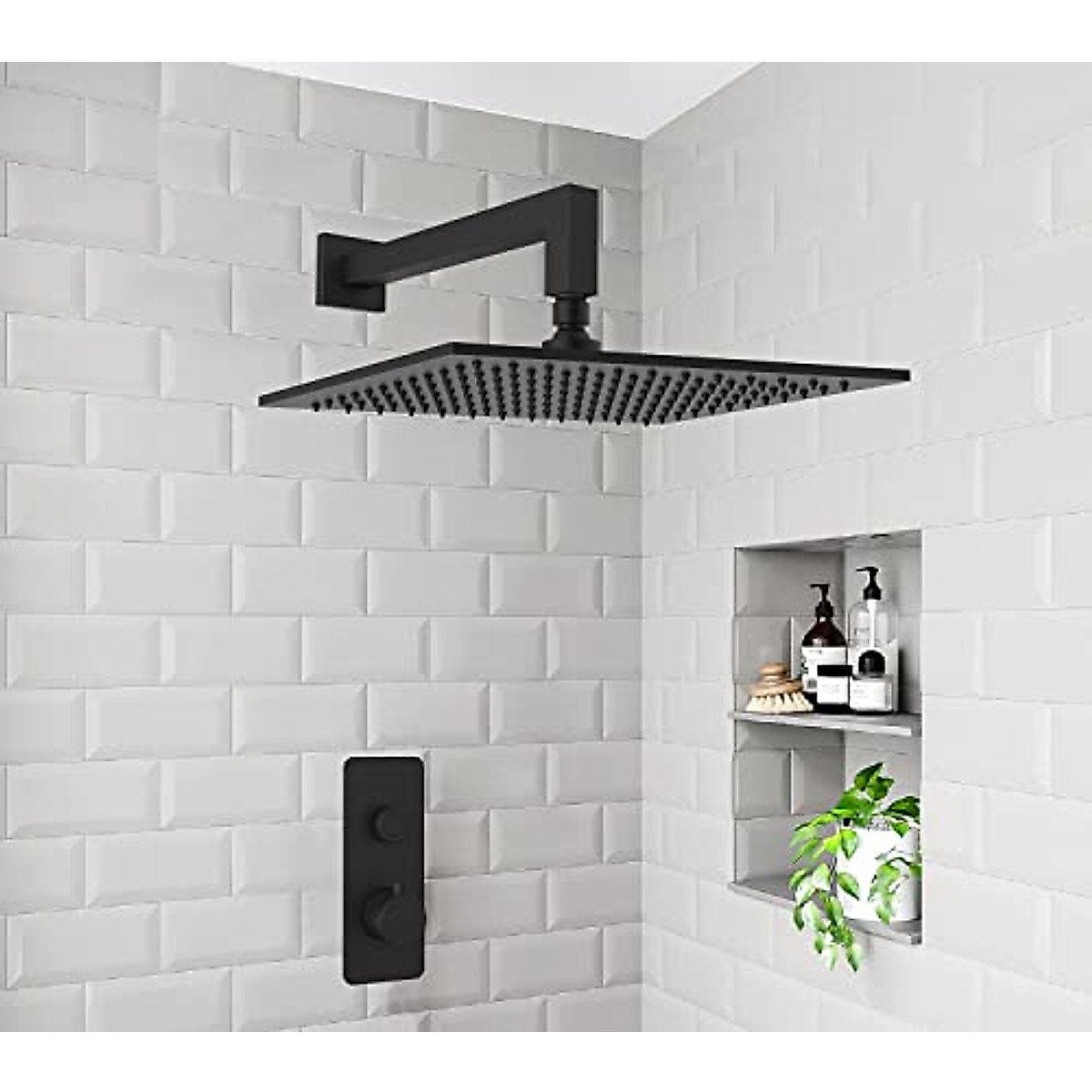 Aquaiaw Square Shower Arm and Anti-Scratch O-Ring Flange, 16 inch, Solid Brass, Soldered 90 Degree Drop, Both Soldered 1/2 NPT Tapered Threads, Wall Rain Shower Head Extension Arm (Matte Black)