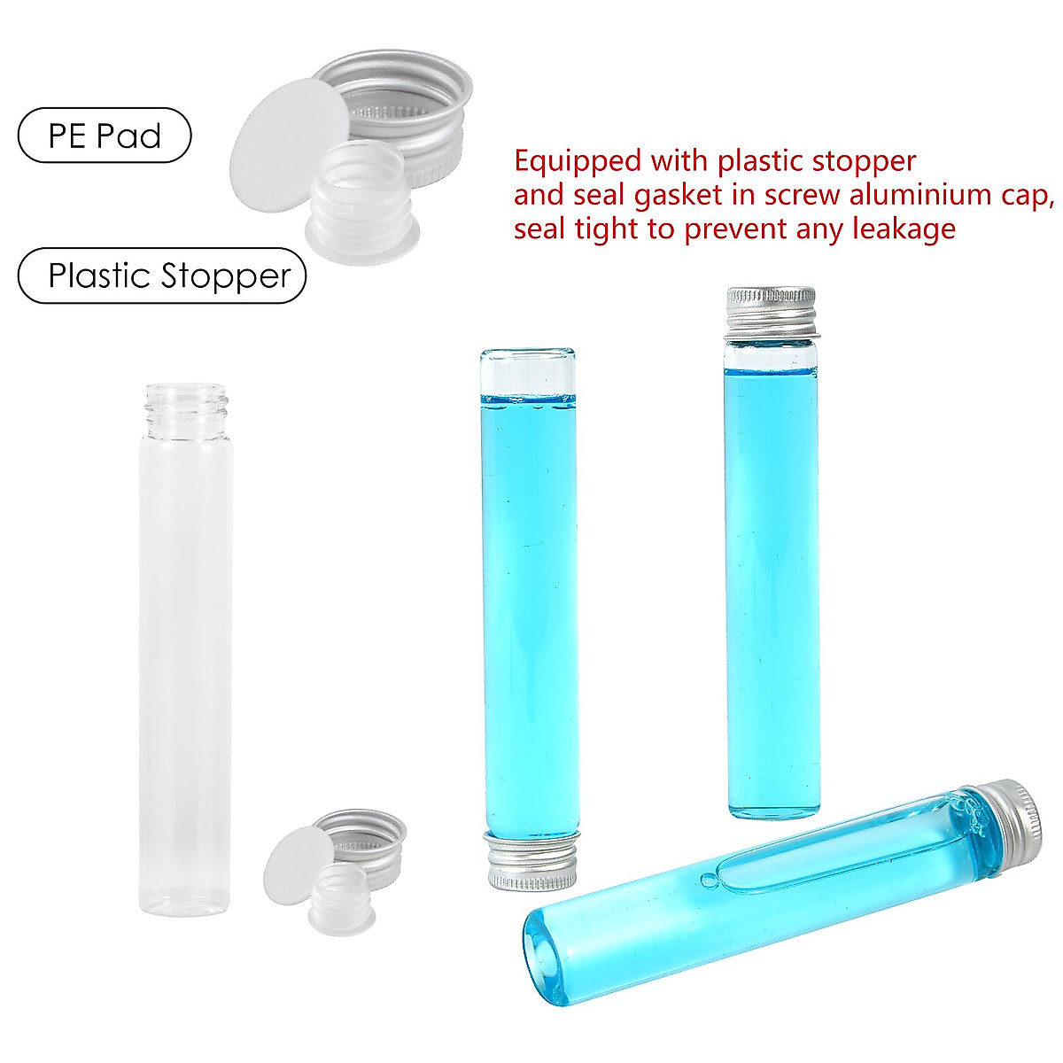 Cadbibe 30ml Glass Clear Test Tubes with Screw Caps and Plastic Stoppers, Liquid Sample Vial, Leak-Proof Flat Test Tubes, 24PCS