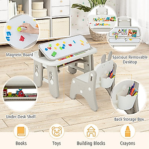 Costzon Kids Table and Chair Set, Graffiti Activity Table w/Flip-Top Tabletop Bookshelf, Erasable Magnetic Drawing Board, Storage, Adjustable Height for Drawing, Toddlers Art Table & Chair (Gray)