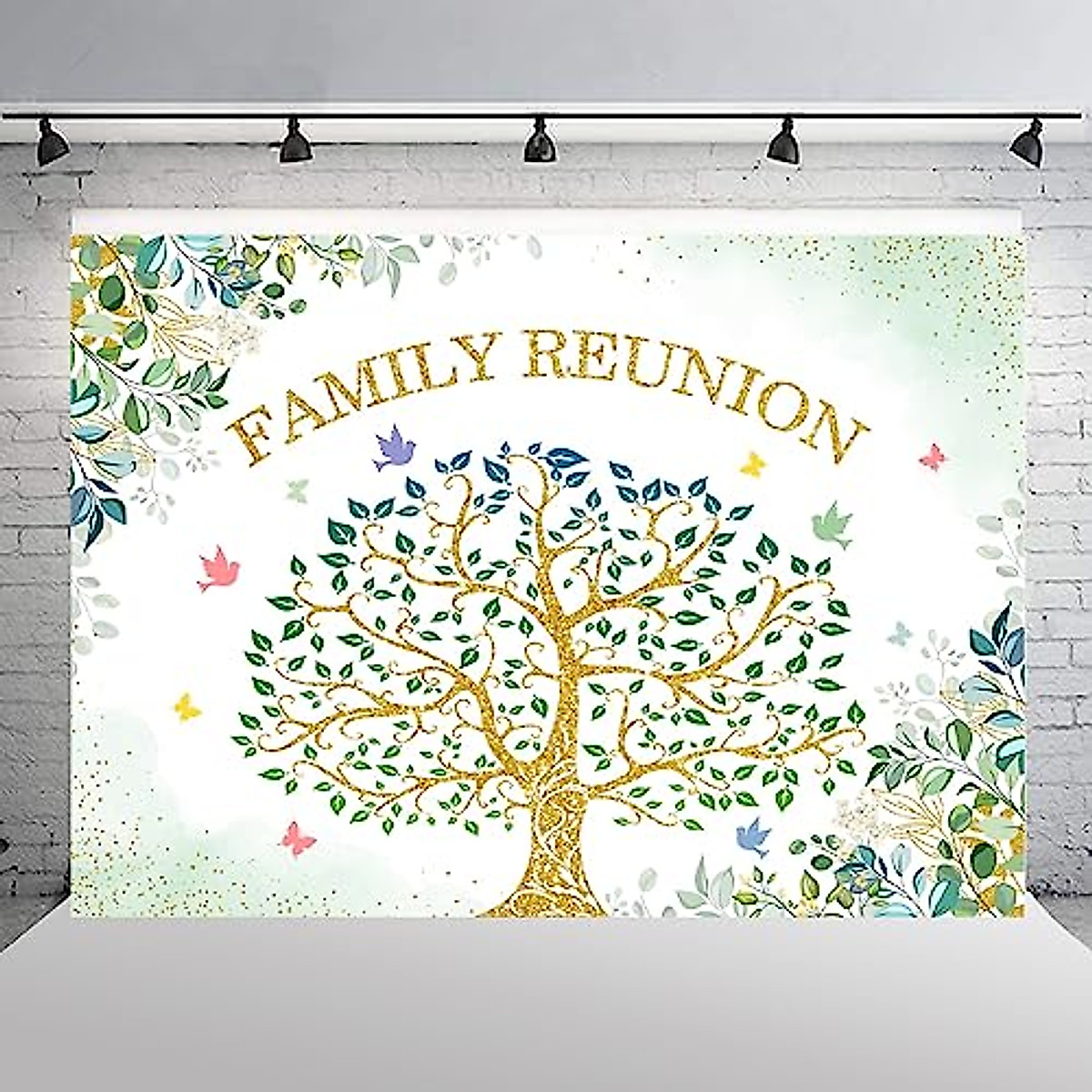 Wollmix Family Reunion Decorations Backdrop Banner Family Tree Leaves Members Welcome Signs Photography Background Gathering Gold and Green Supplies Photo Banner Booth Props 7x5ft