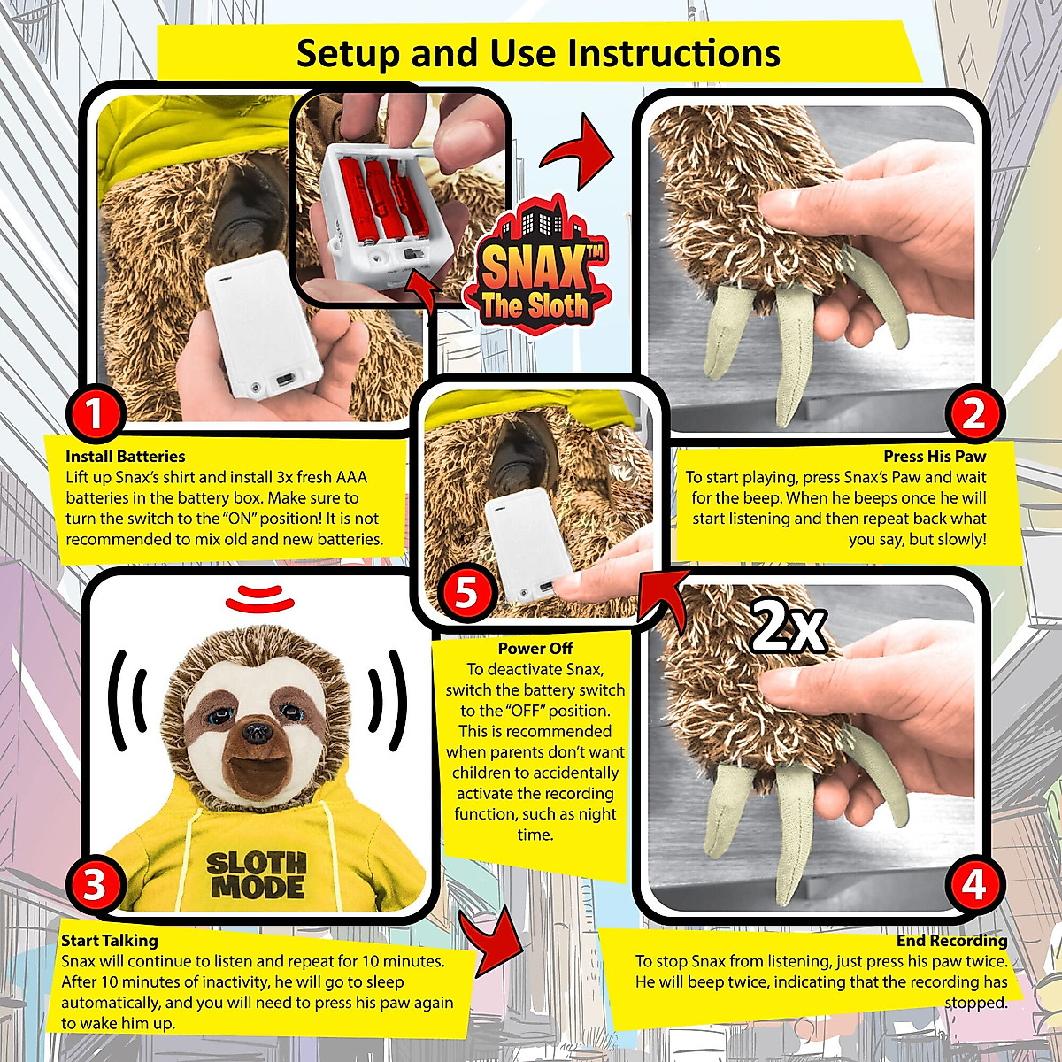 SNAX The Sloth Official 2023 Version, Talking Plush Sloth Toy for Kids, Cuddly Sloth Stuffed Animal That Talks Back Slowly for Boys and Girls, Moving Eyes & Mouth, with Book + Red Shirt