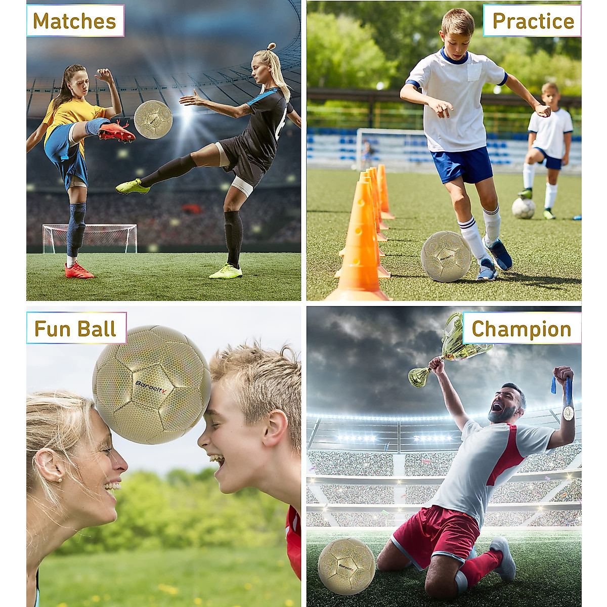 Barocity Classic Gold Size 4 Soccer Ball - Premium Outdoor and Indoor Soccer Ball with Reflective Iridescent Rainbow Hex Pattern, Perfect Boys and Girls Soccer Ball for Playtime, Practice and Training