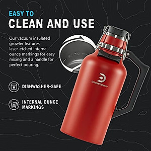 DrinkTanks Craft Growler, Passivated Stainless Steel Growlers for Beer, Leakproof and Vacuum Insulated Beverage Tumbler, Easy-to-Use Soda, Wine, or Coffee Tumbler with Handle, Crimson, 64 Oz