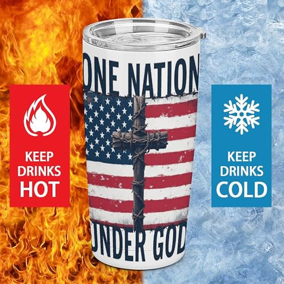 One Nation Under God Cross 20 OZ Stainless Steel Tumbler Travel Car Coffee Mug with Straw Lid Cleaning Brush Coffee Tumbler Mug for Women Men