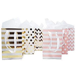 Paper Favor Gift Bags for All Events & Parties w/Satin Ribbon Handles + Decorative Tissue Paper, 12 Count (Pink, Gold Mylar)