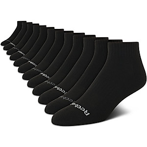 Reebok Men's Athletic Quarter Socks with Cushion Comfort (12 Pack), Size 6-12.5, All Black