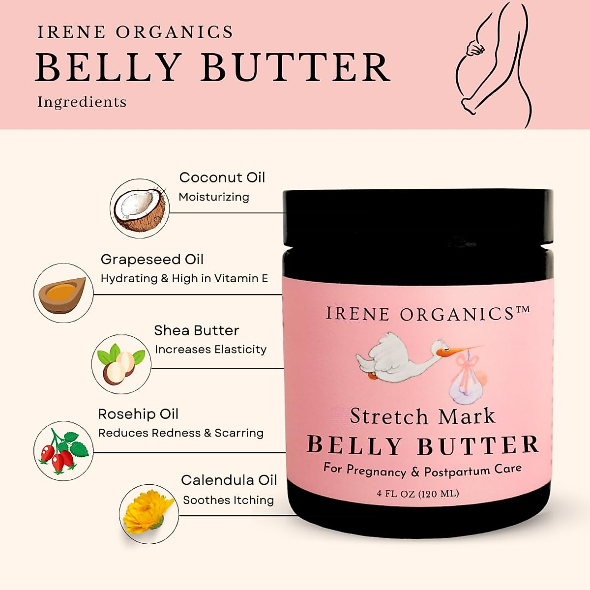 Organic Belly Butter for Pregnancy Stretch Mark Prevention and Treatment by Irene Organics - Award Winning Anti Stretch Mark Tummy Balm For Pregnancy and Postpartum 4oz - Hydrating Bump Cream