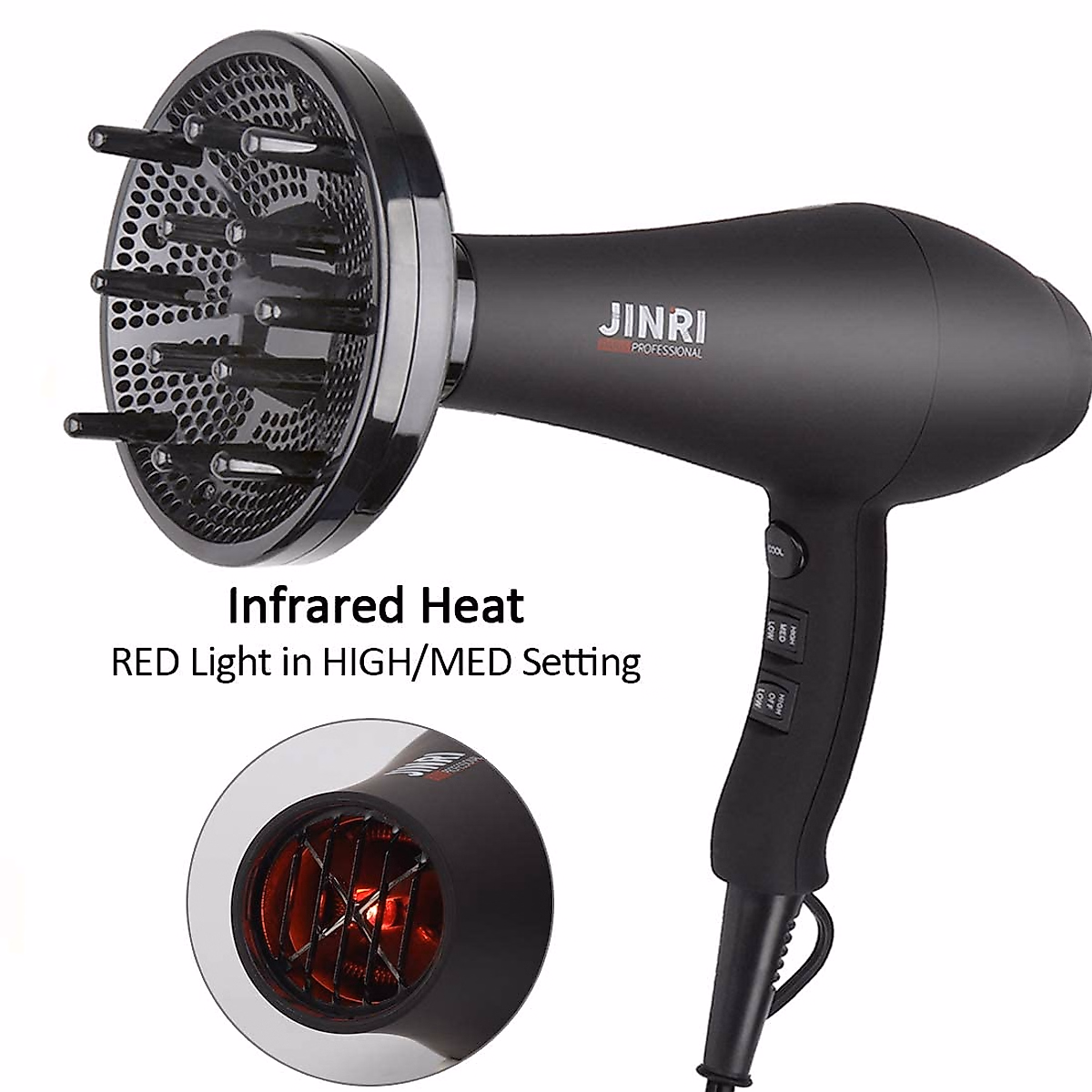 Hair Dryer 1875W, Negative Ionic Fast Dry Low Noise Blow Dryer, Professional Salon Hair Dryers with Diffuser, Concentrator, Styling Pik, 2 Speed and 3 Heat Settings (Bk)
