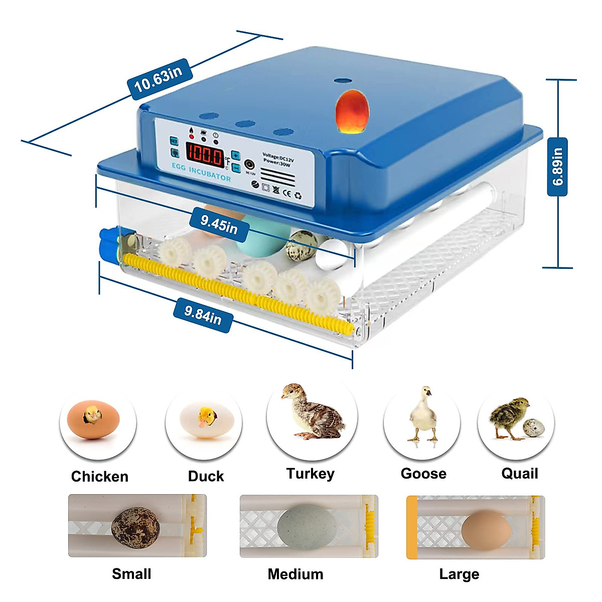 Vevitts 16 Eggs Incubators for Hatching Egg with Automatic Turner, Fahrenheit Temperature Control Chickens Quail Egg Incubator with Led Candler, 12V/110V/220V Incubators Kit for Farm Poultry