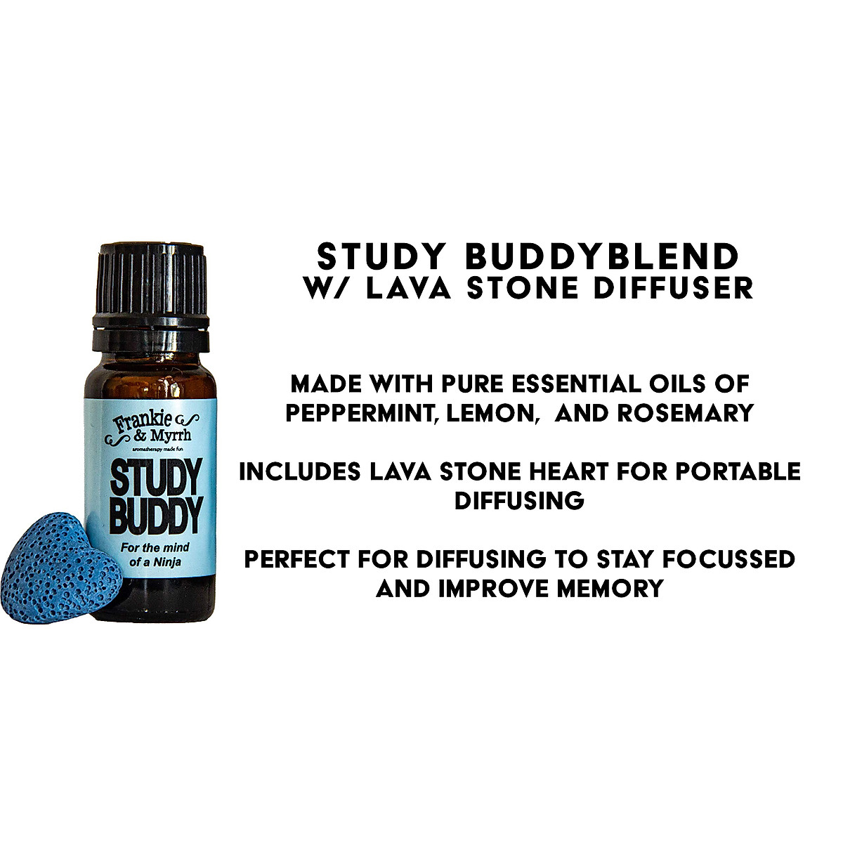Frankie & Myrrh Study Buddy | Peppermint, Lemon, Rosemary Essential Oil Blend for Focus, Memory | includes Portable Lava Stone Diffuser|10mL