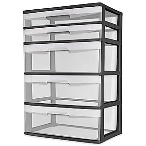 CLMSTE Plastic 5 Drawer Wide Tower, Black