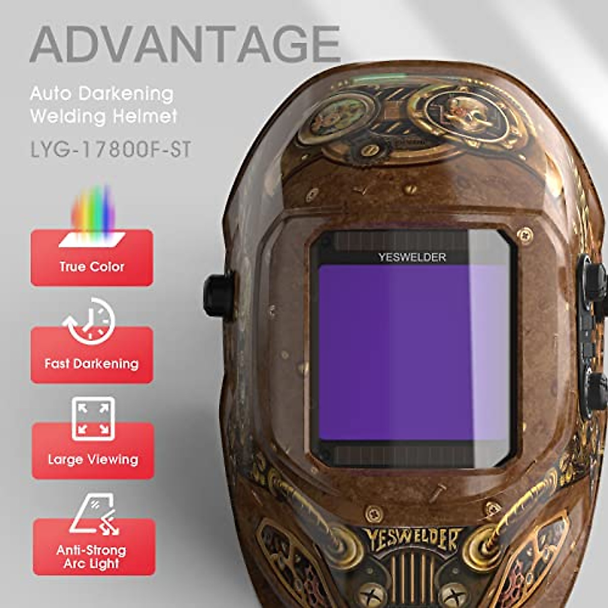 YESWELDER Large Viewing Screen 3.93"X3.66" True Color Solar Power Auto Darkening Welding Helmet, 4 Arc Sensor, for TIG MIG Arc Weld Grinding Welder Mask LYG-17800F-ST