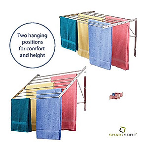 Smartsome | Wall Mounted | Clothes Drying Rack | 30" Wide | 20 Linear Feet Capacity | 8 Smooth Round Stainless Steel Rods | 60 lb Capacity | Fully Assembled | Compact Sturdy Space-Saving Design